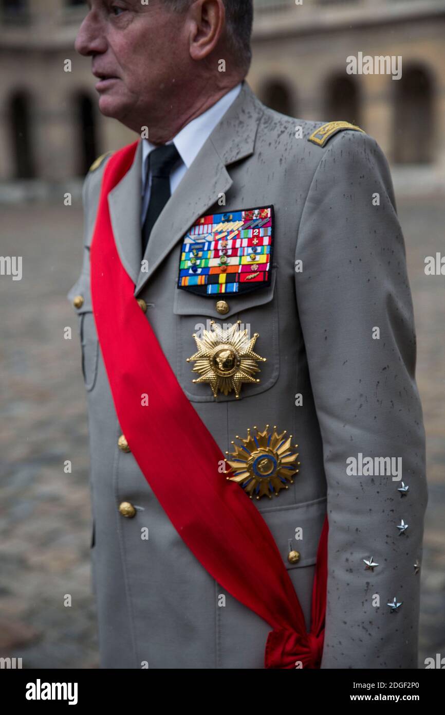 French President Emmanuel Macron during a military review in Hotel des ...