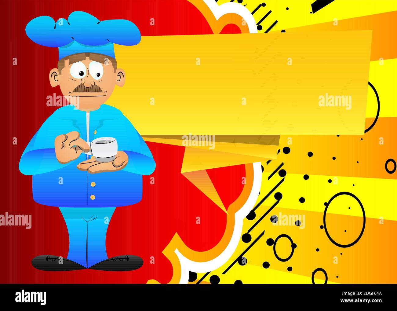 Fat male cartoon chef in uniform holding a cup of coffee. Vector ...
