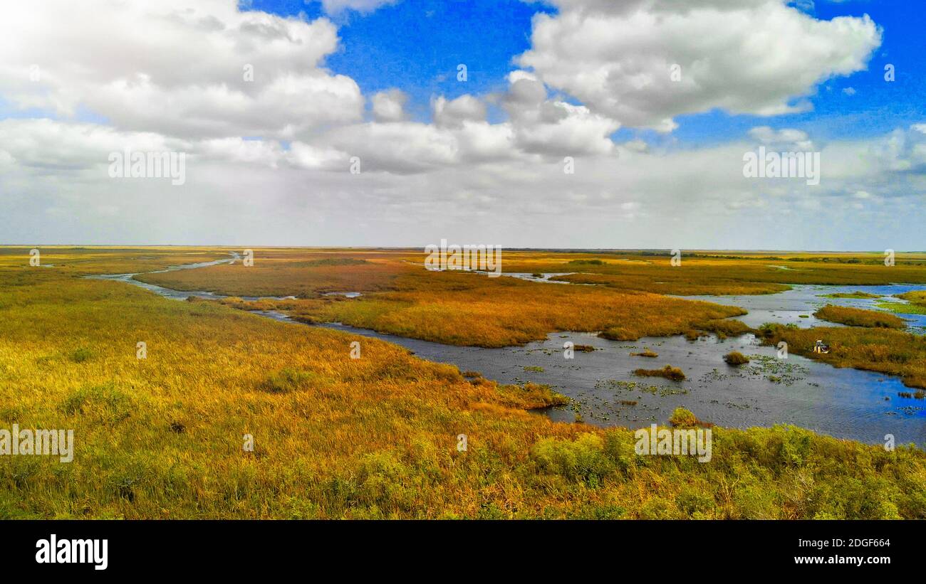 Aerial view of creek and swamps in the Florida Everglades, United ...