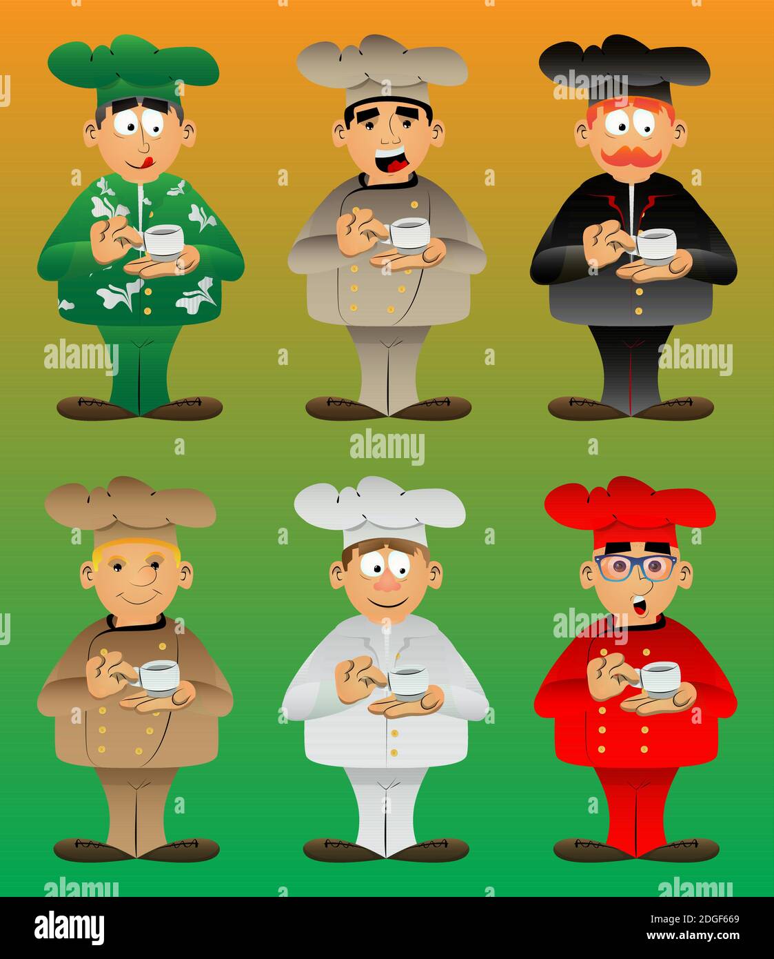 Fat male cartoon chef in uniform holding a cup of coffee. Vector ...