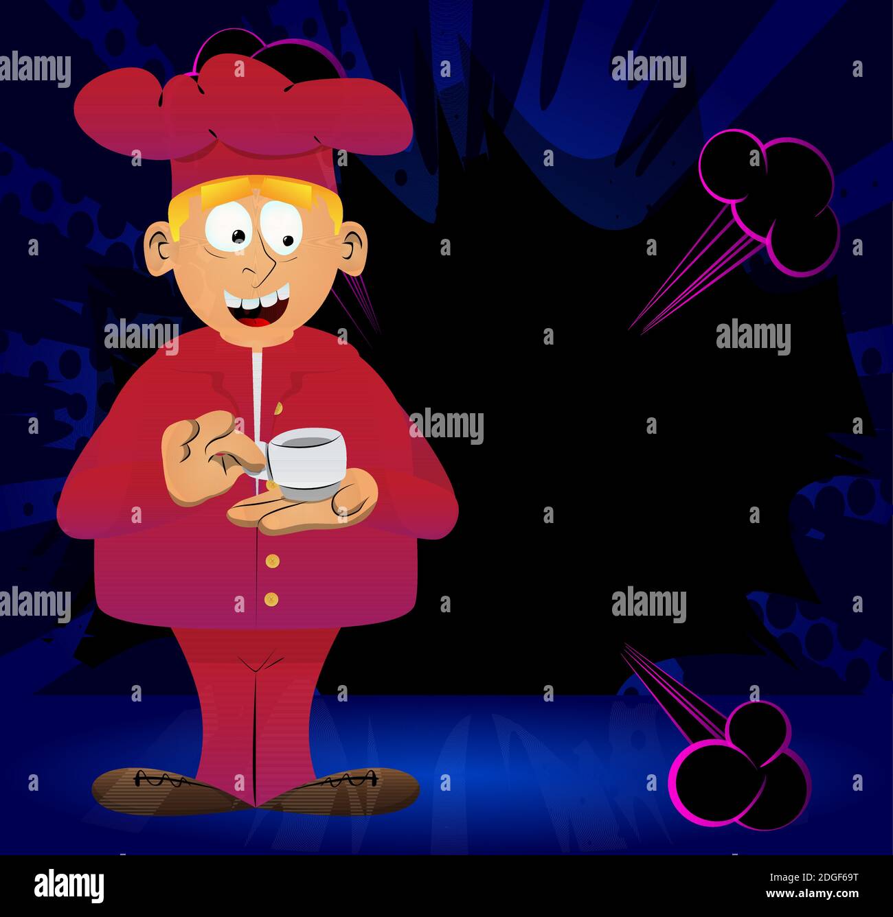 Fat male cartoon chef in uniform holding a cup of coffee. Vector ...