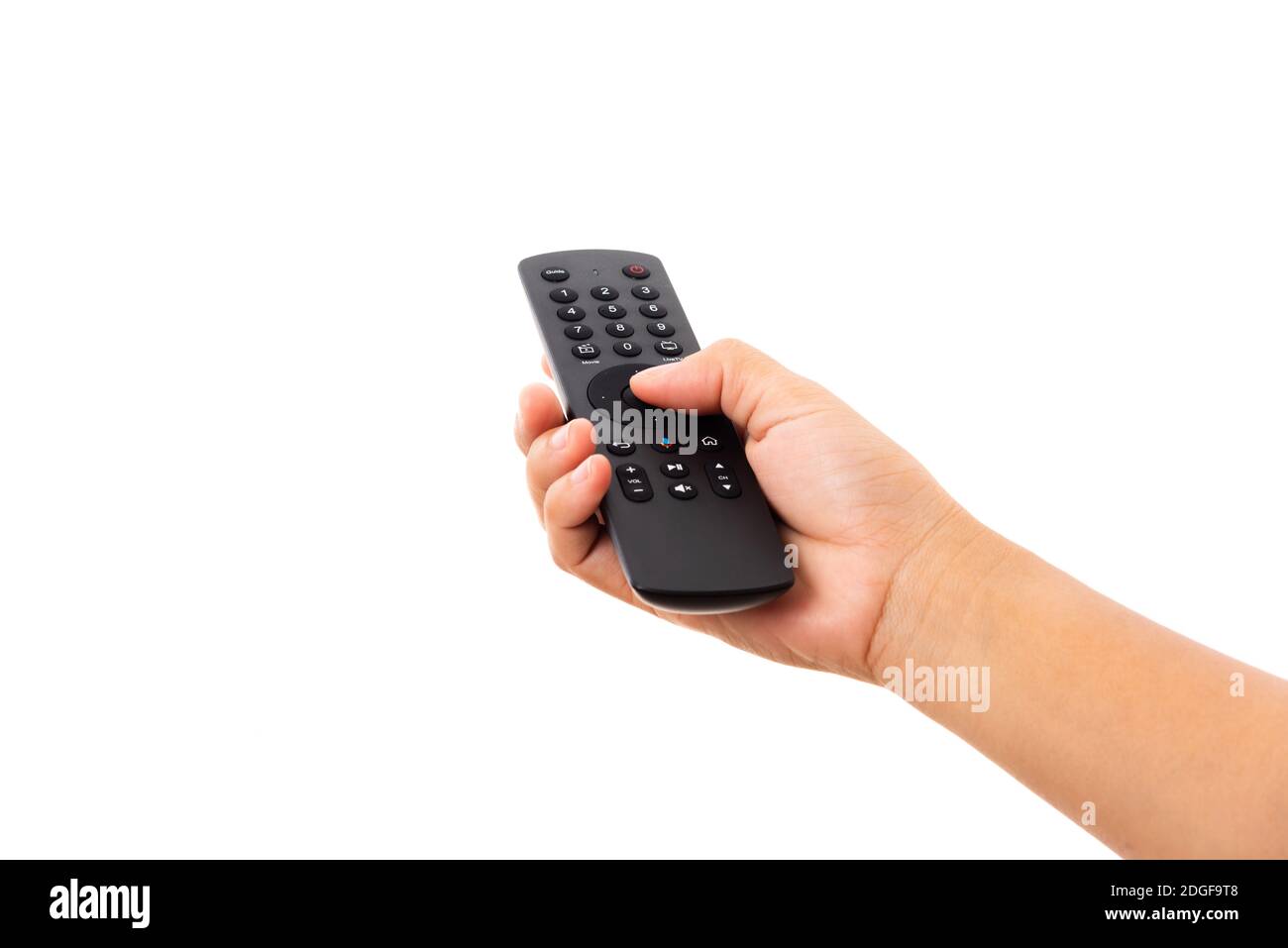 Hand holding television and audio remote control panel, studio shot ...