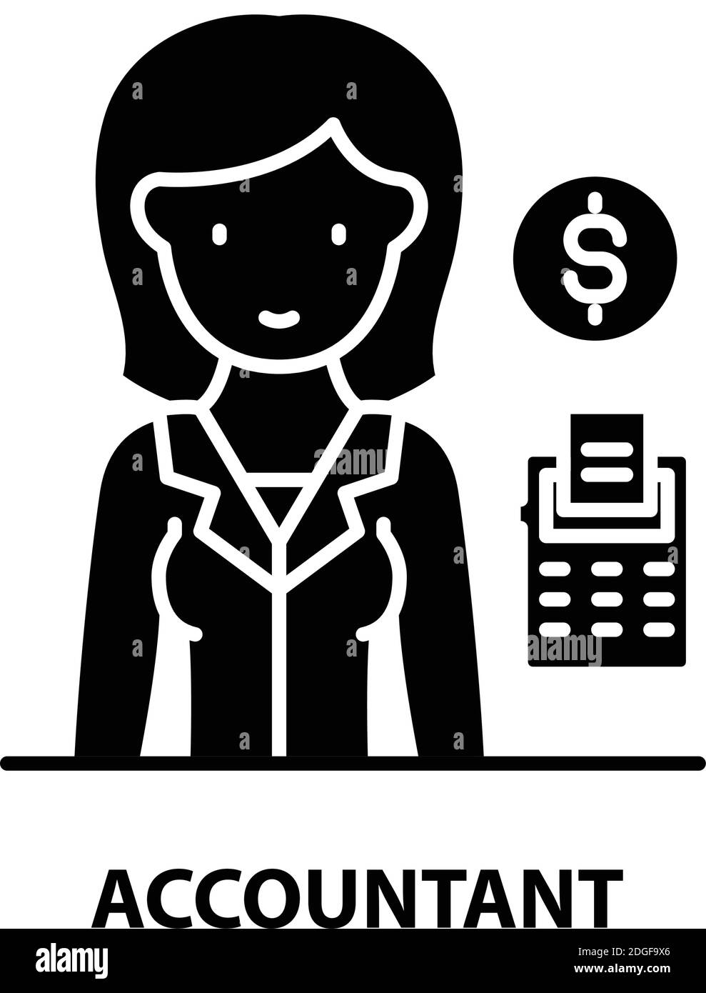 accountant with cashmachine icon, black vector sign with editable ...