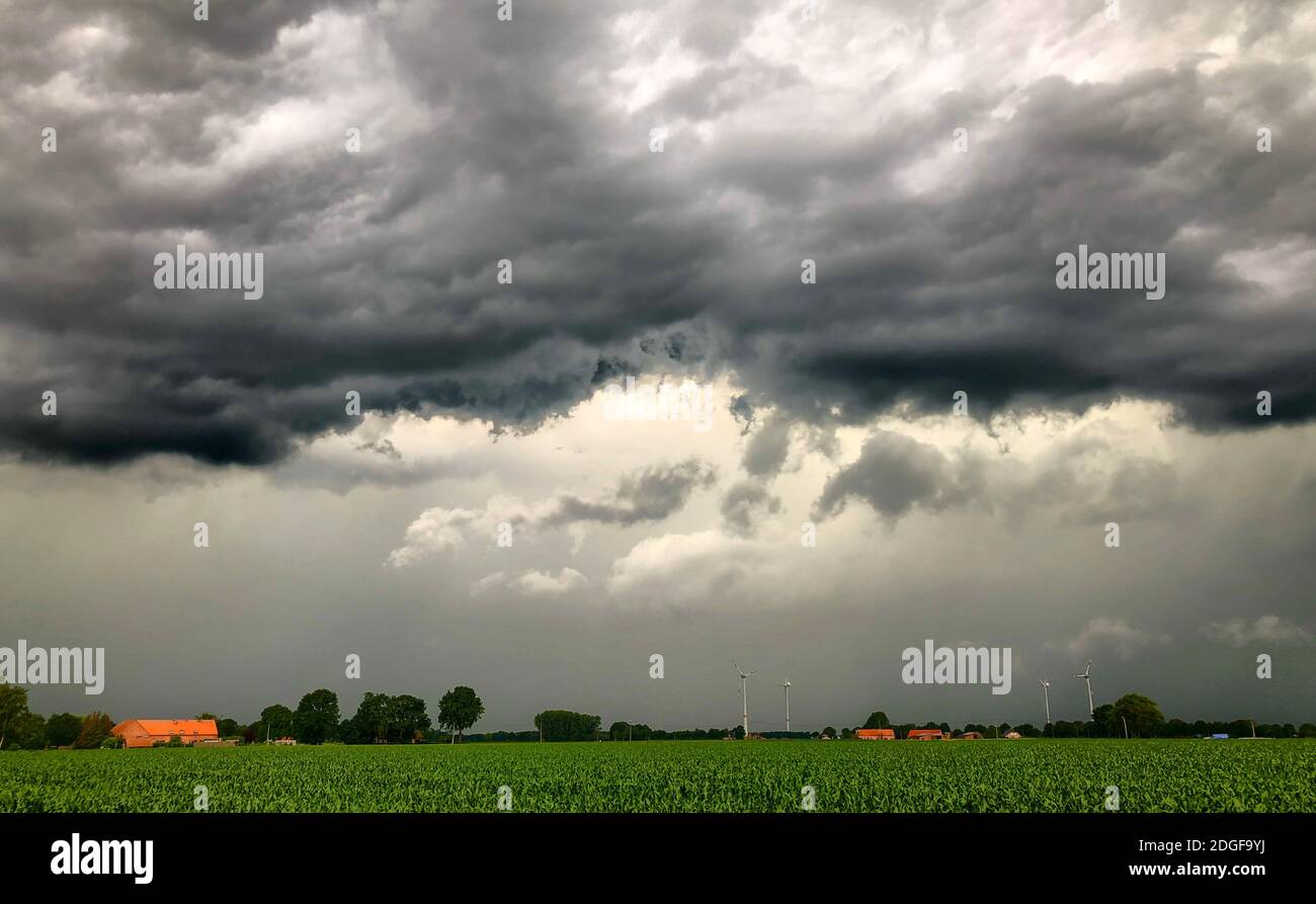 The coming of a big storm, tempest or hurricane over the countryside ...