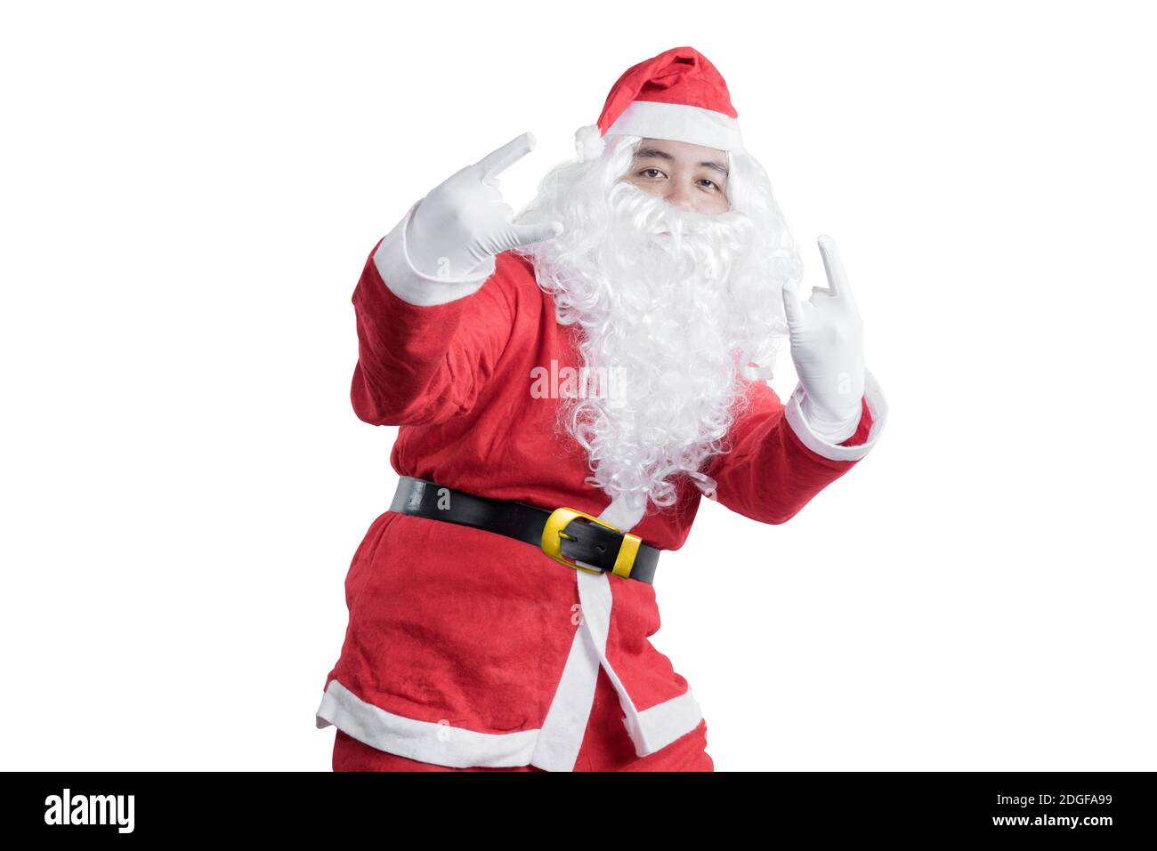 Asian man in Santa costume with hand gesture standing isolated over ...