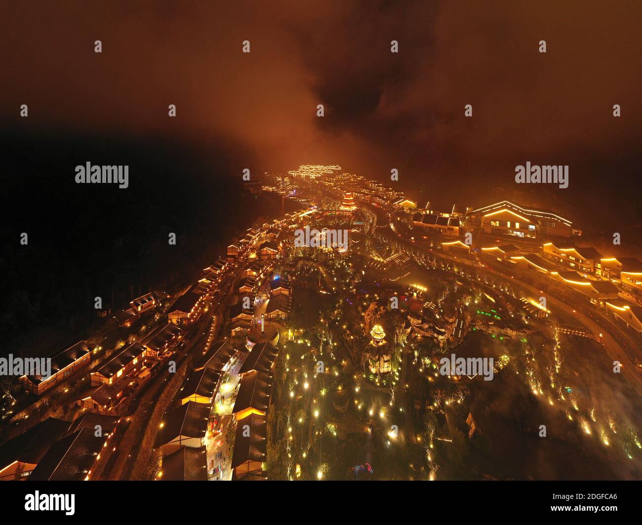 Aerial view of the light show in Gexian Mountain, which attracts many ...
