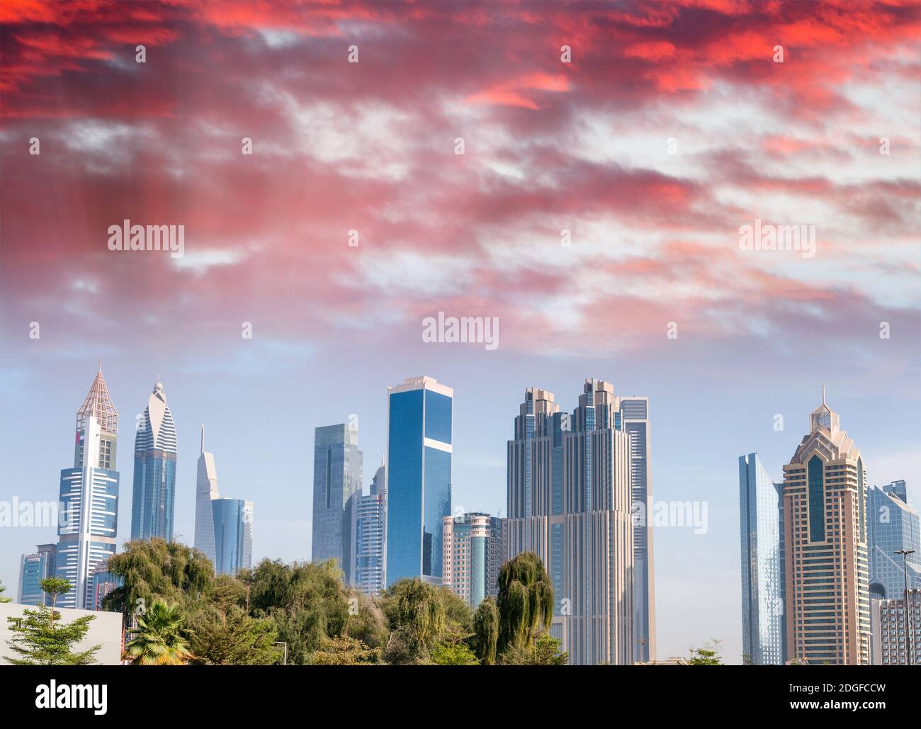 Dubai panoramic skyline and buildings at sunset Stock Photo - Alamy