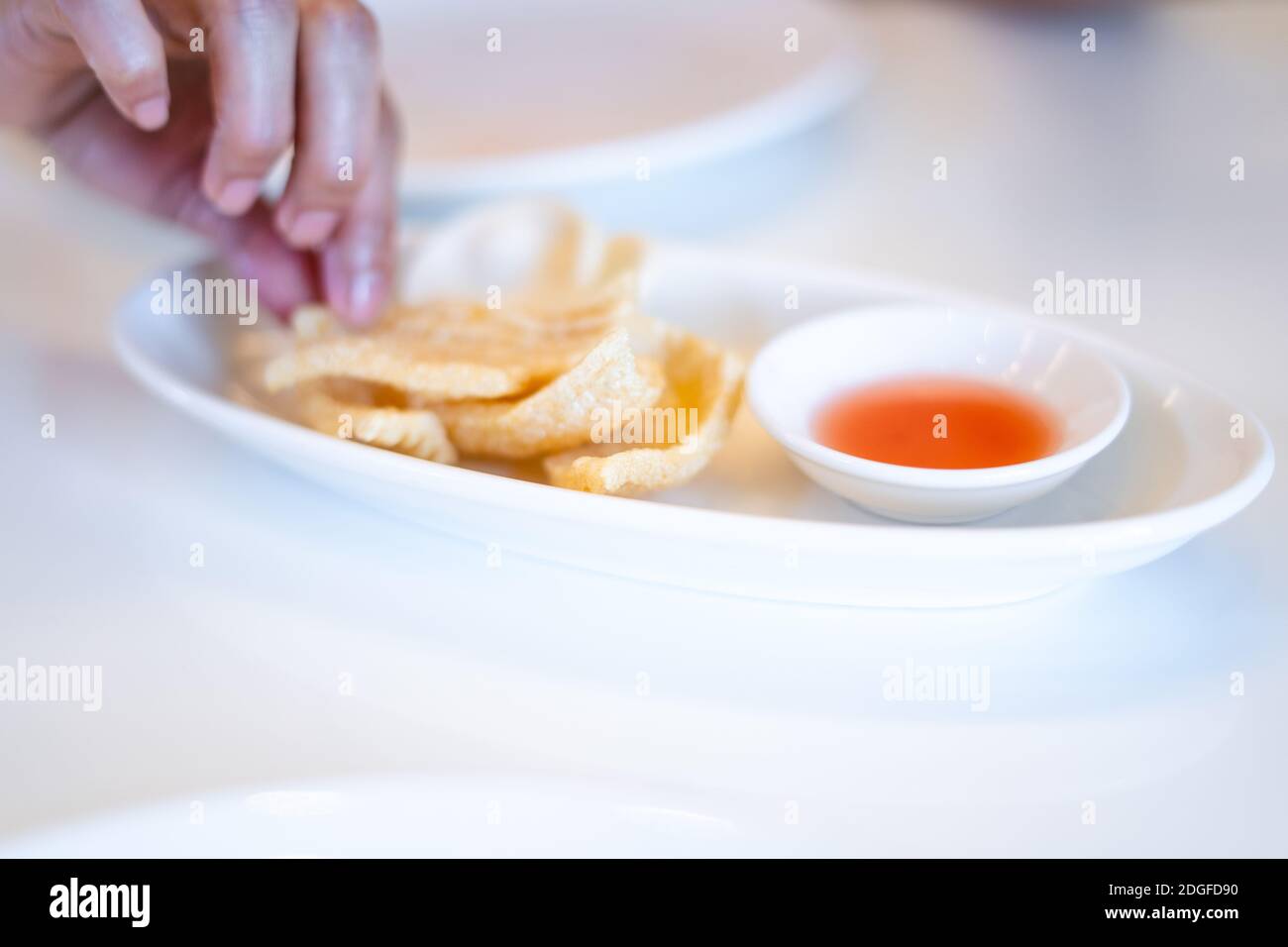 Crispy shrimp crackers with sweet chili dip sause for appetizer Stock ...