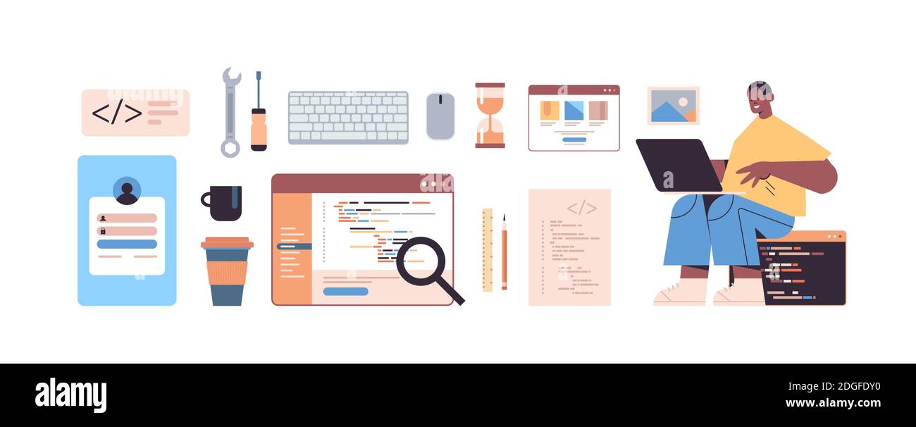 Male Web Developer Using Laptop Creating Program Code Development Of Software And Programming