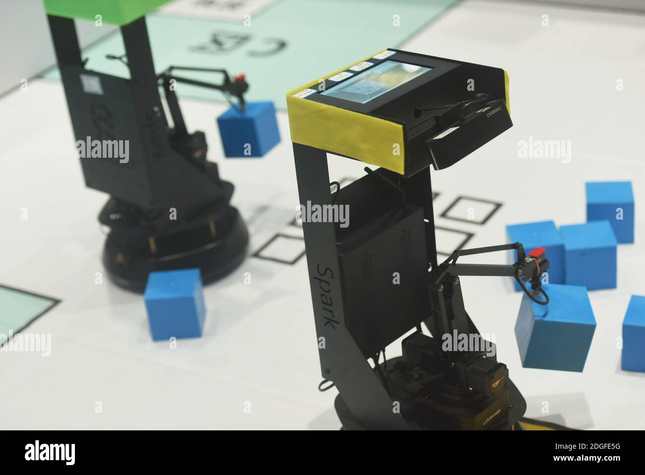 A robot hand carries cubicles at the 2020 RoboCom in Hangzhou city ...