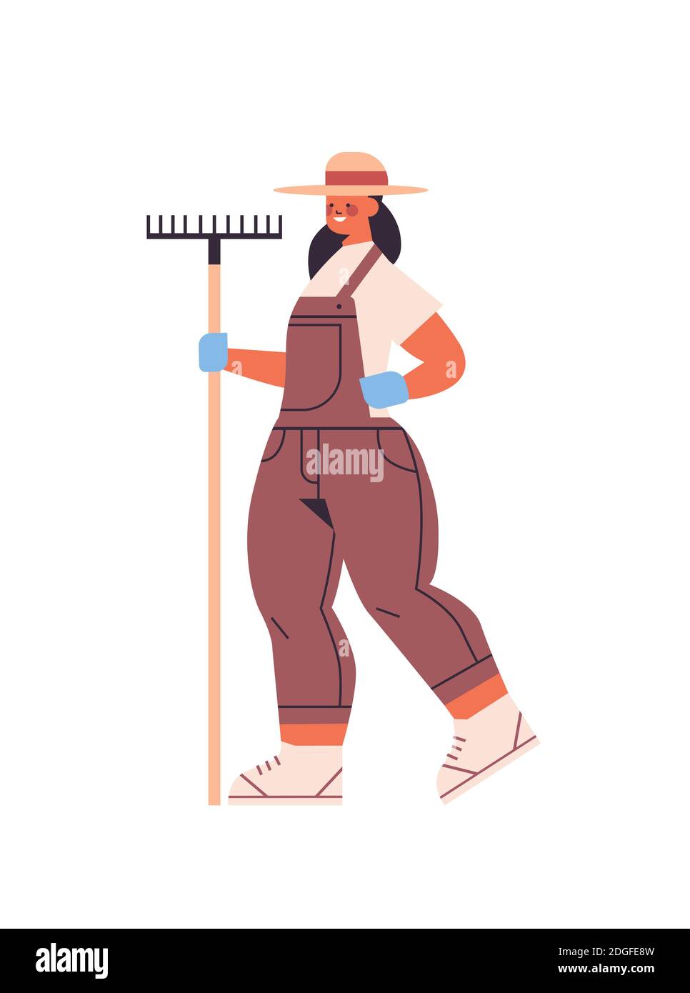 female farmer in uniform holding rake eco farming agricultural industry ...