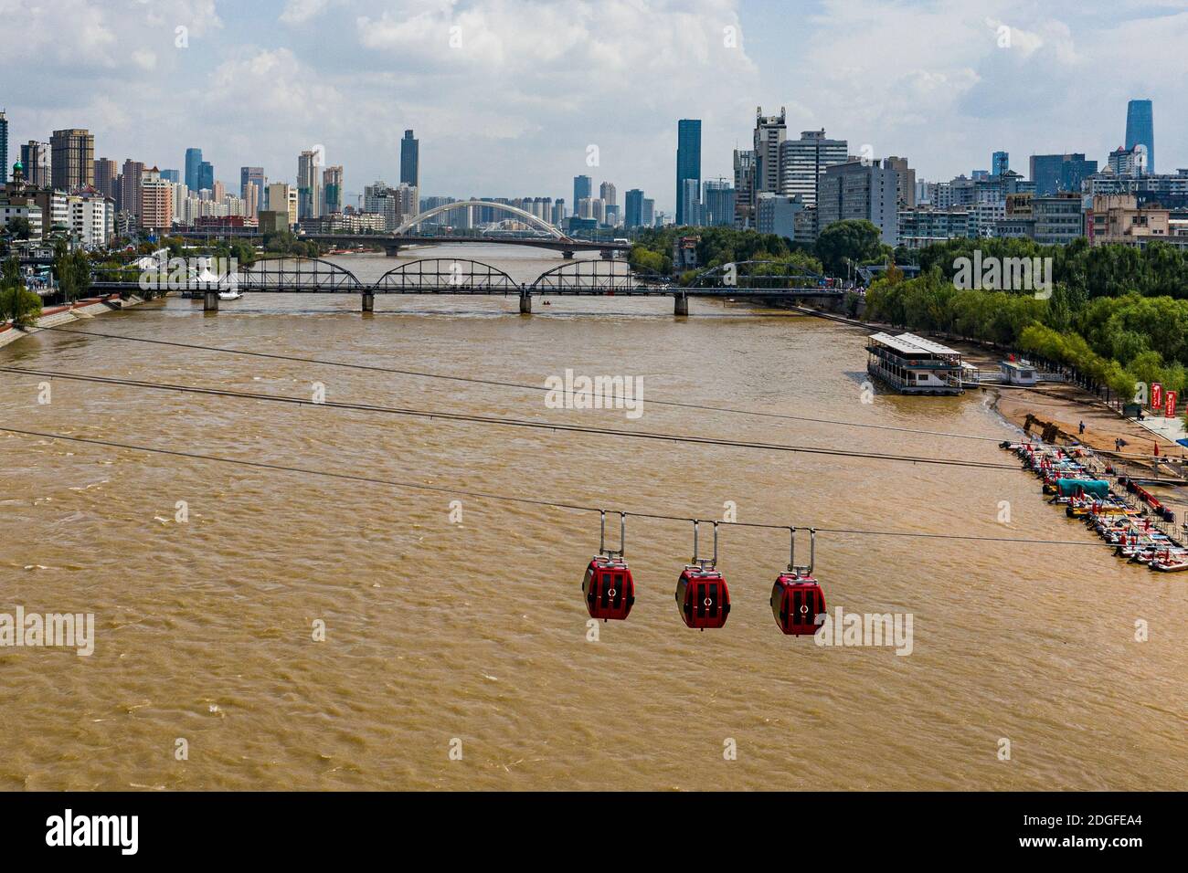 An aerial view of the first permanent bridge over the Yellow River ...