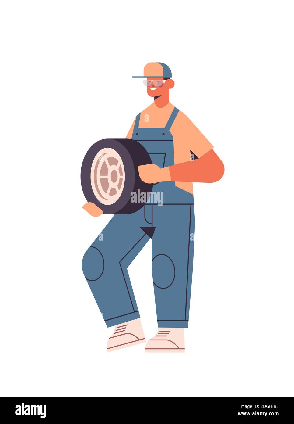 mechanic in uniform repairing tire man working and fixing wheel car ...