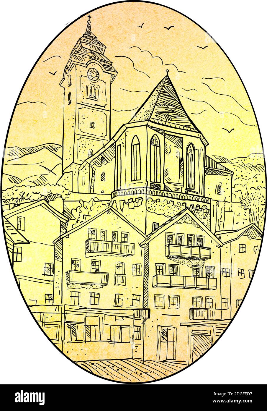 Medieval European castle, church and building Drawing Stock Photo - Alamy