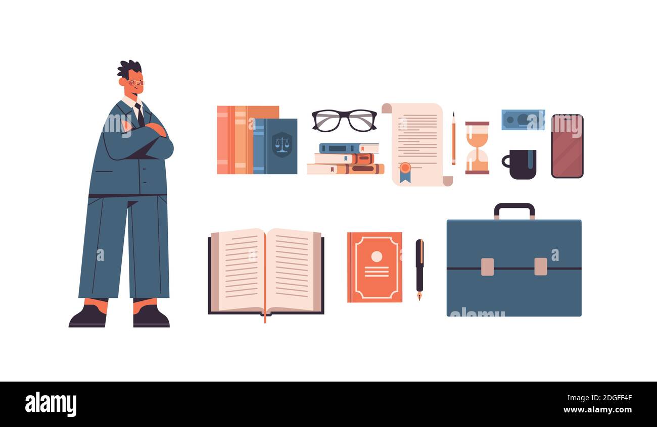 law and justice set male lawyer and icons collection horizontal full ...