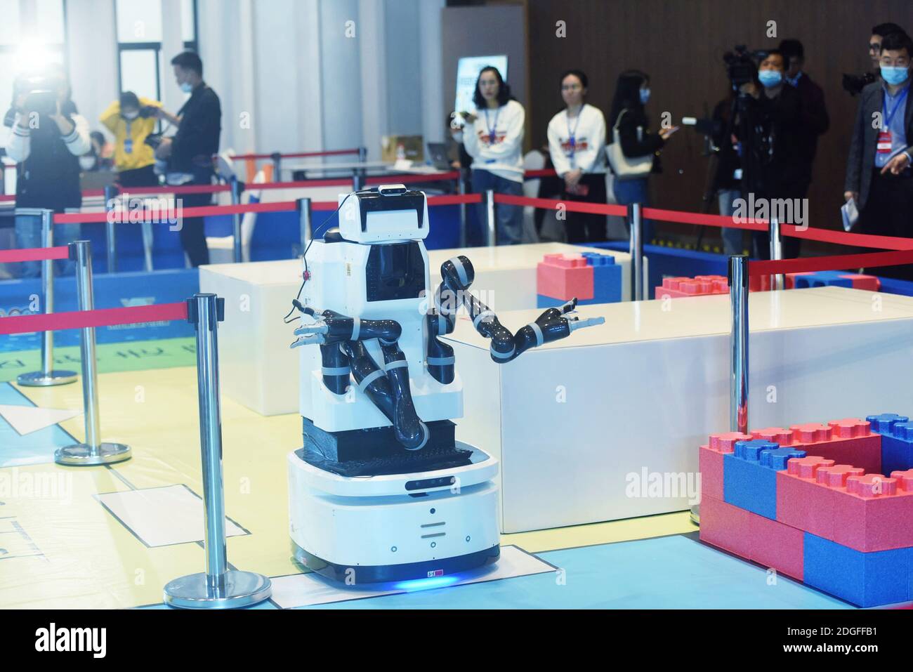 A robot hand carries cubicles at the 2020 RoboCom in Hangzhou city ...
