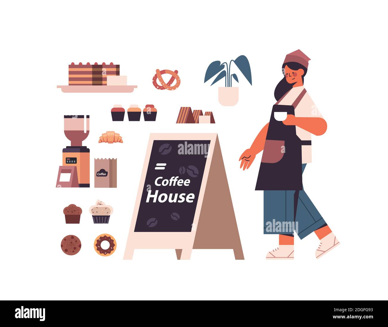 set coffee shop tools and accessories with female barista in uniform ...