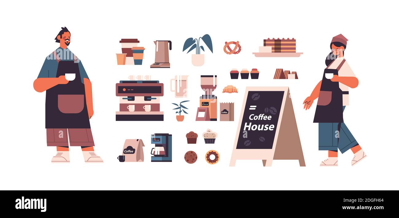 set coffee shop tools and accessories with man woman barista in uniform ...
