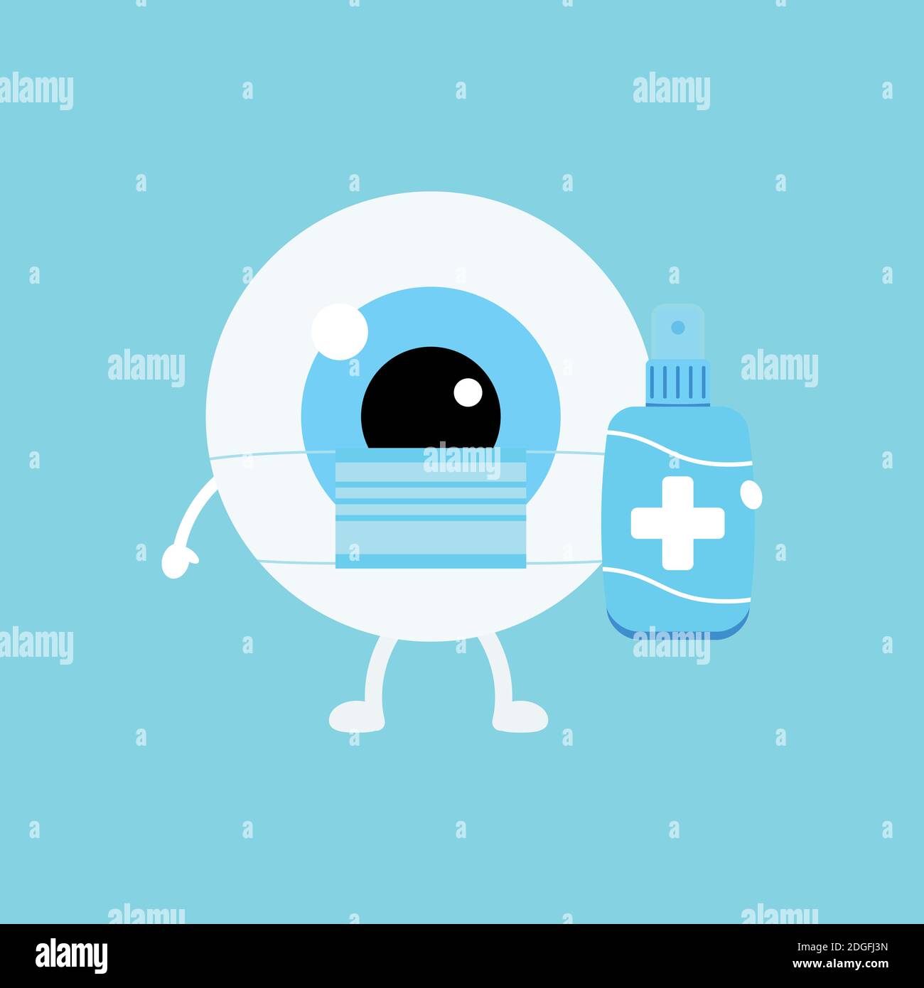 Cute eyeball with medical mask and antiseptic isolated on background ...