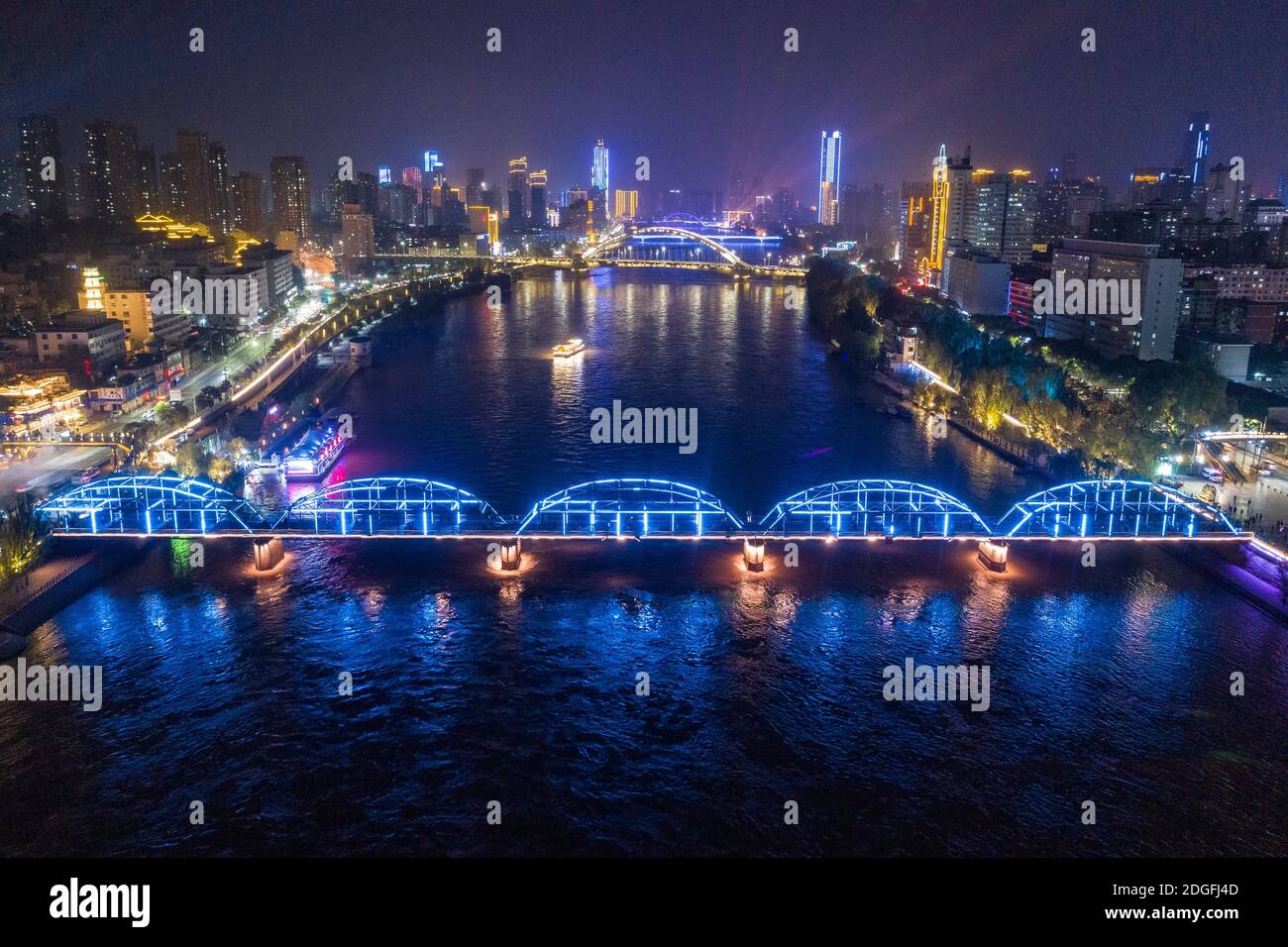 An aerial view of the first permanent bridge over the Yellow River ...