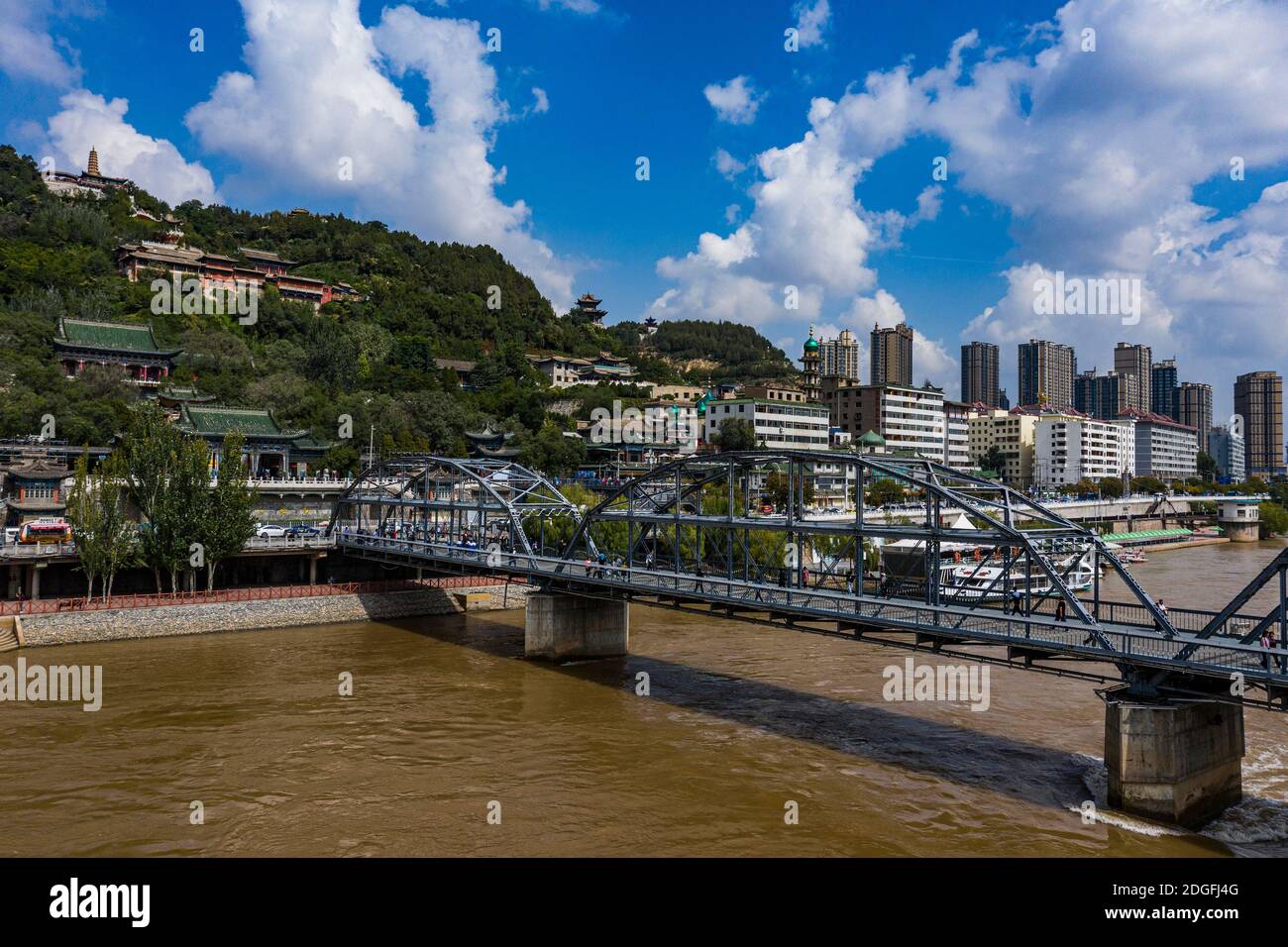 An aerial view of the first permanent bridge over the Yellow River ...
