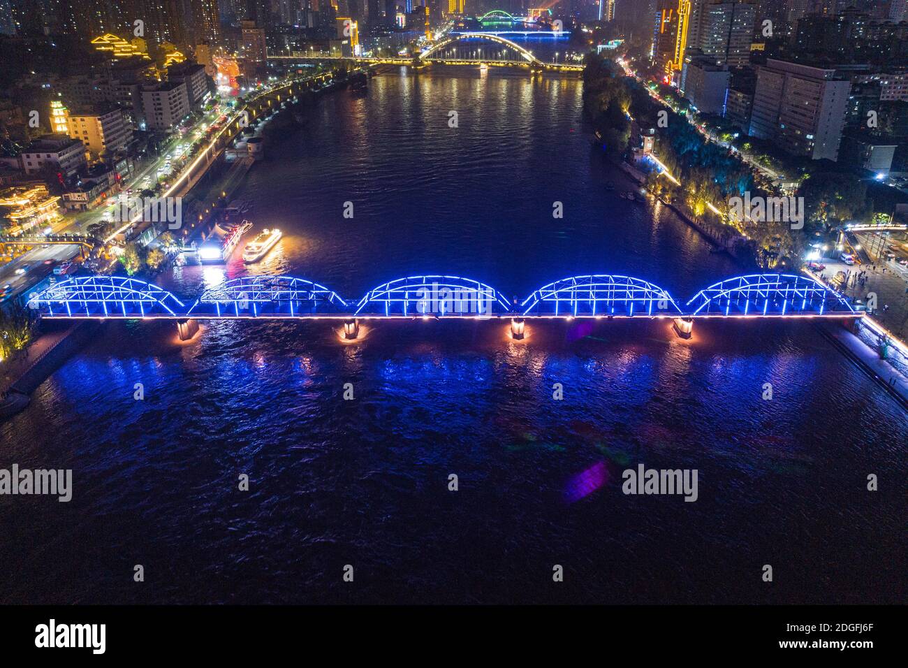 An aerial view of the first permanent bridge over the Yellow River ...