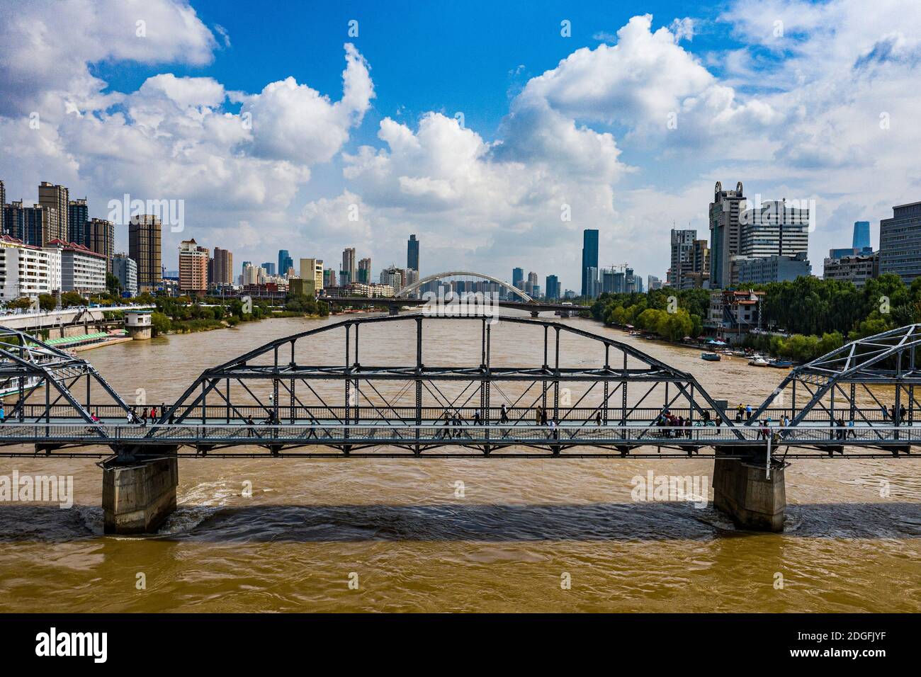 An aerial view of the first permanent bridge over the Yellow River ...
