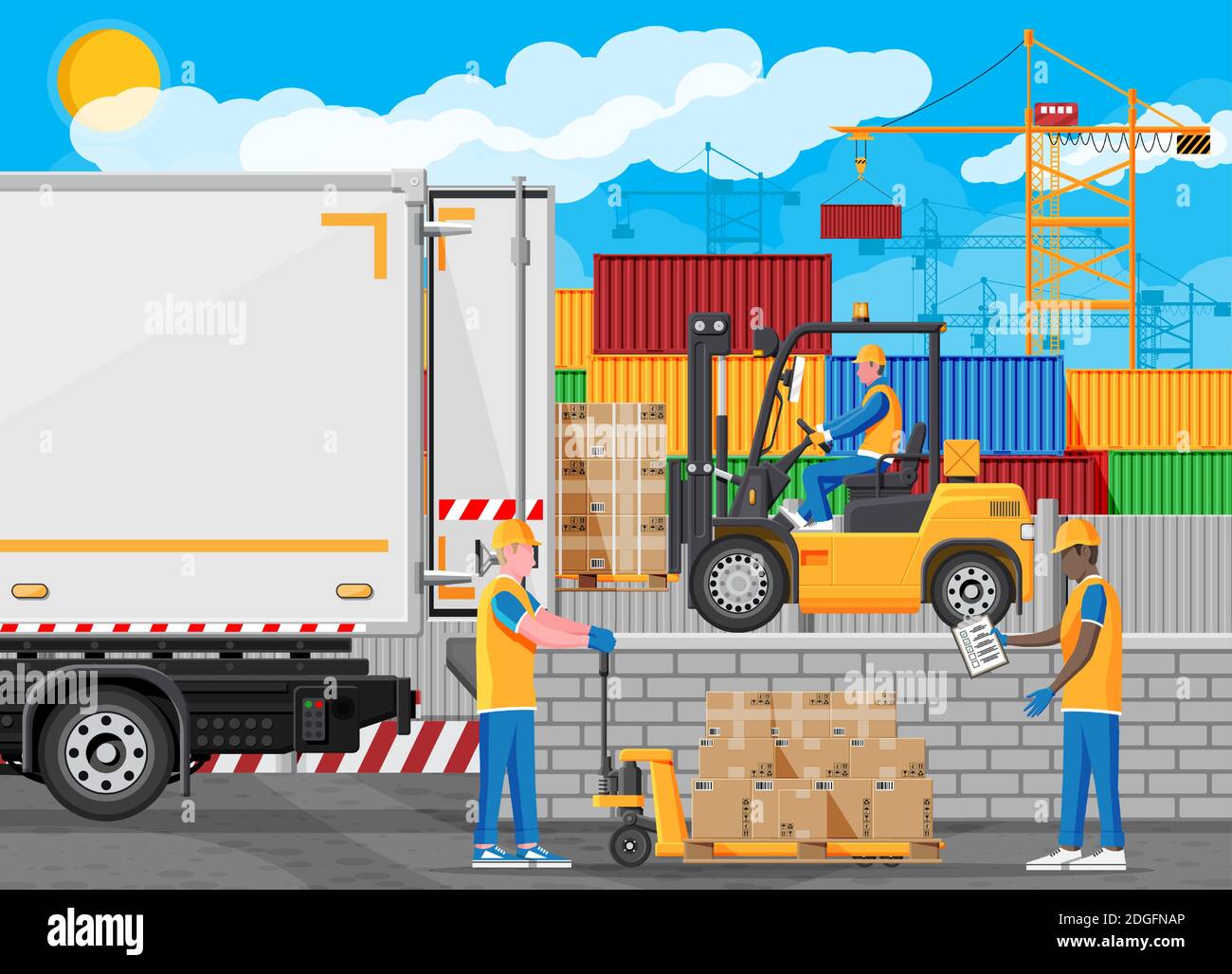 Forklift loading pallet boxes into truck. Warehouseman with checklist ...