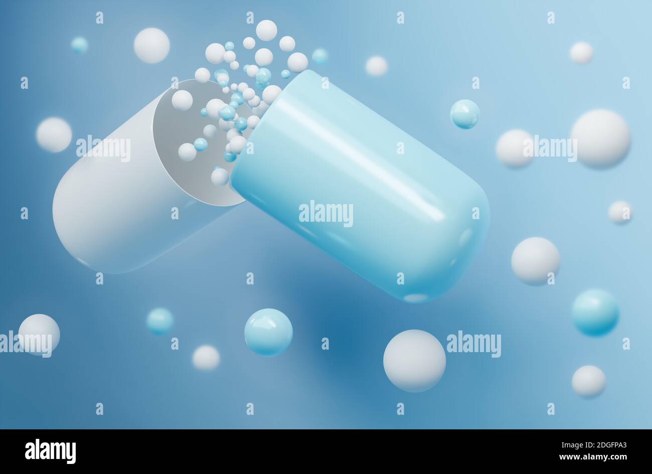 Open white and blue pill with white and blue balls flying out of it ...
