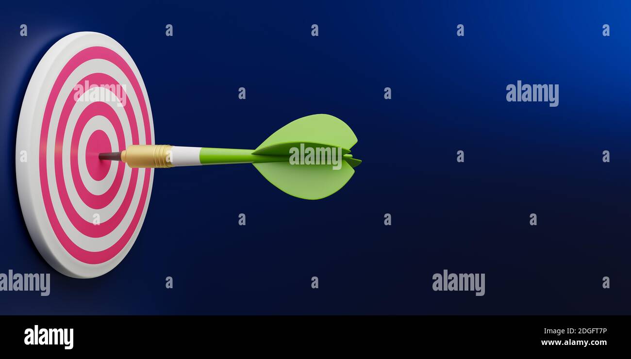 3D illustration. Green Arrow hitting the center of target on the wall ...