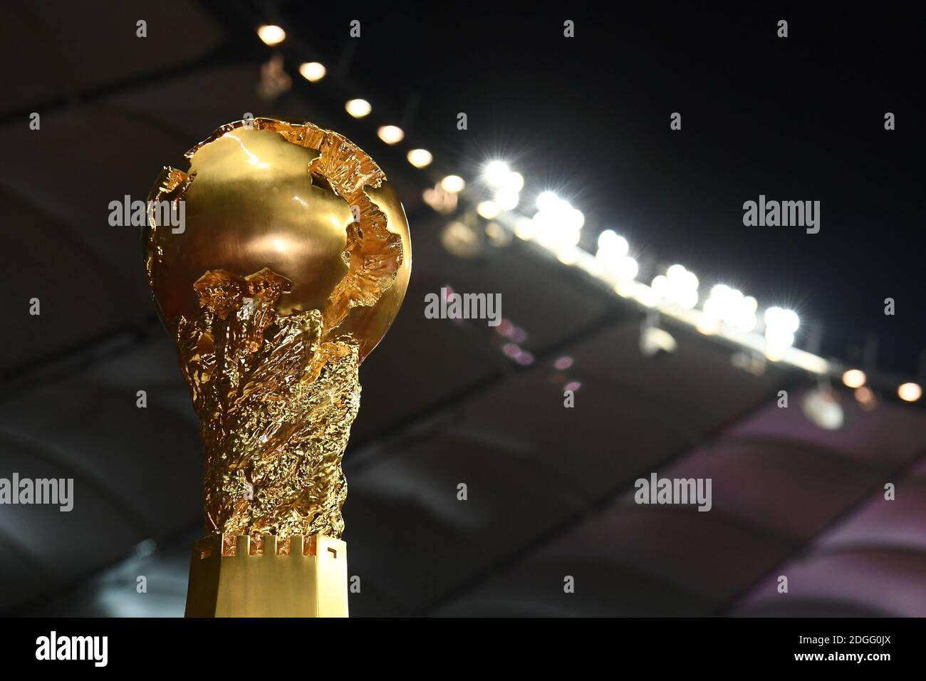 The trophy for the champion of Chinese Super League 2020 is shown prior ...