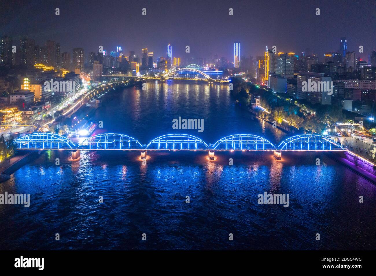 An aerial view of the first permanent bridge over the Yellow River ...