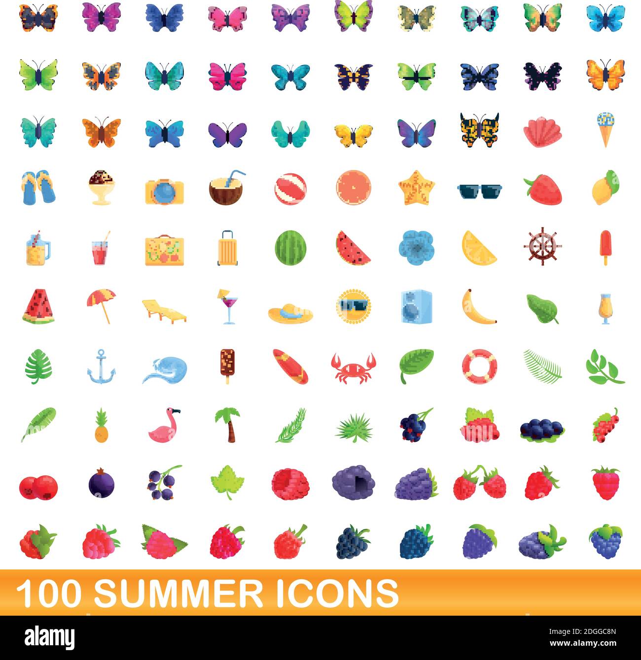 100 summer icons set. Cartoon illustration of 100 summer icons vector ...