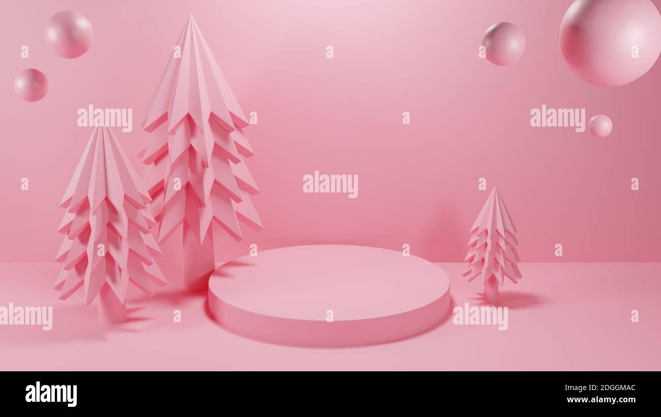 Christmas tree with circle podium. Pink color tone. Merry Christmas and ...