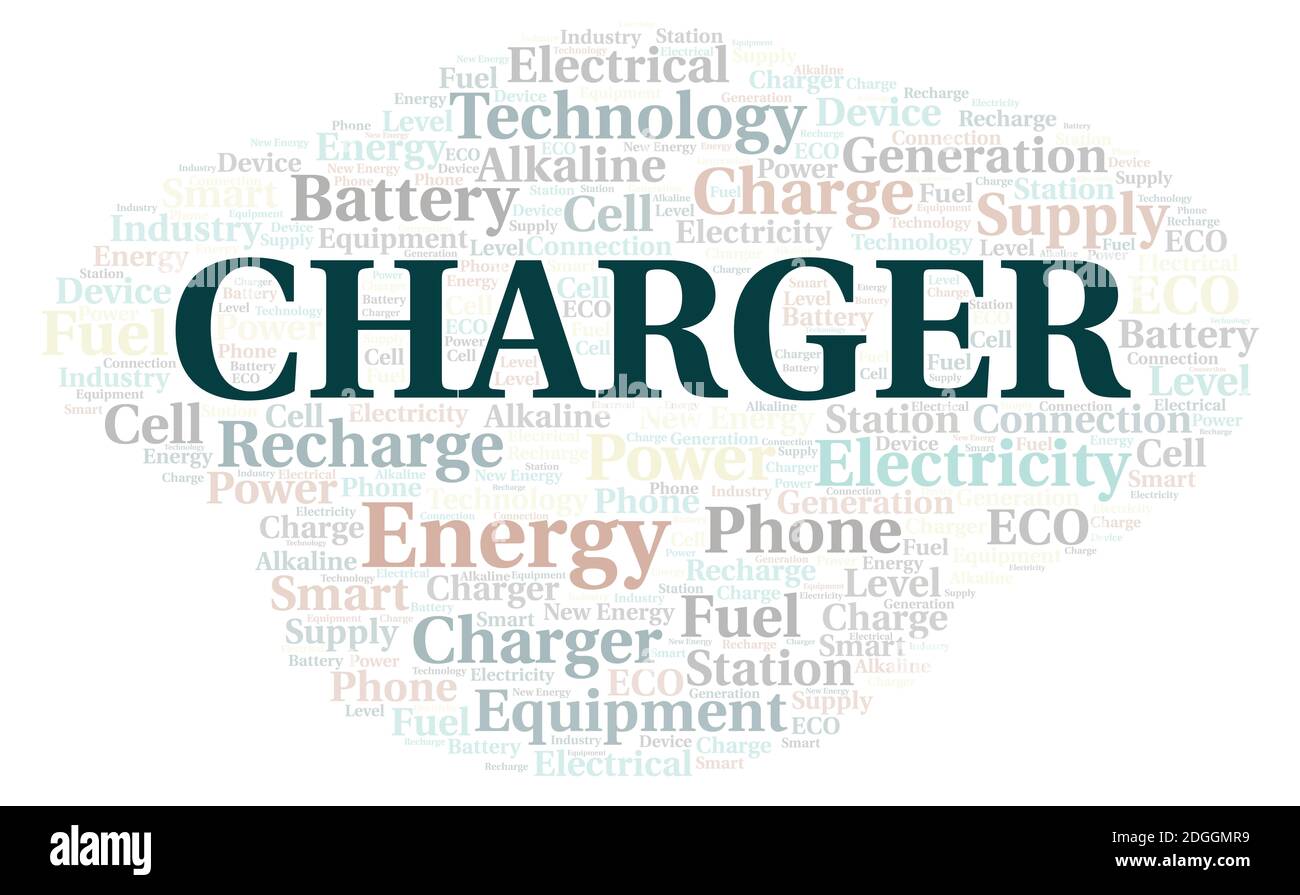 Charger typography word cloud create with text only Stock Photo - Alamy
