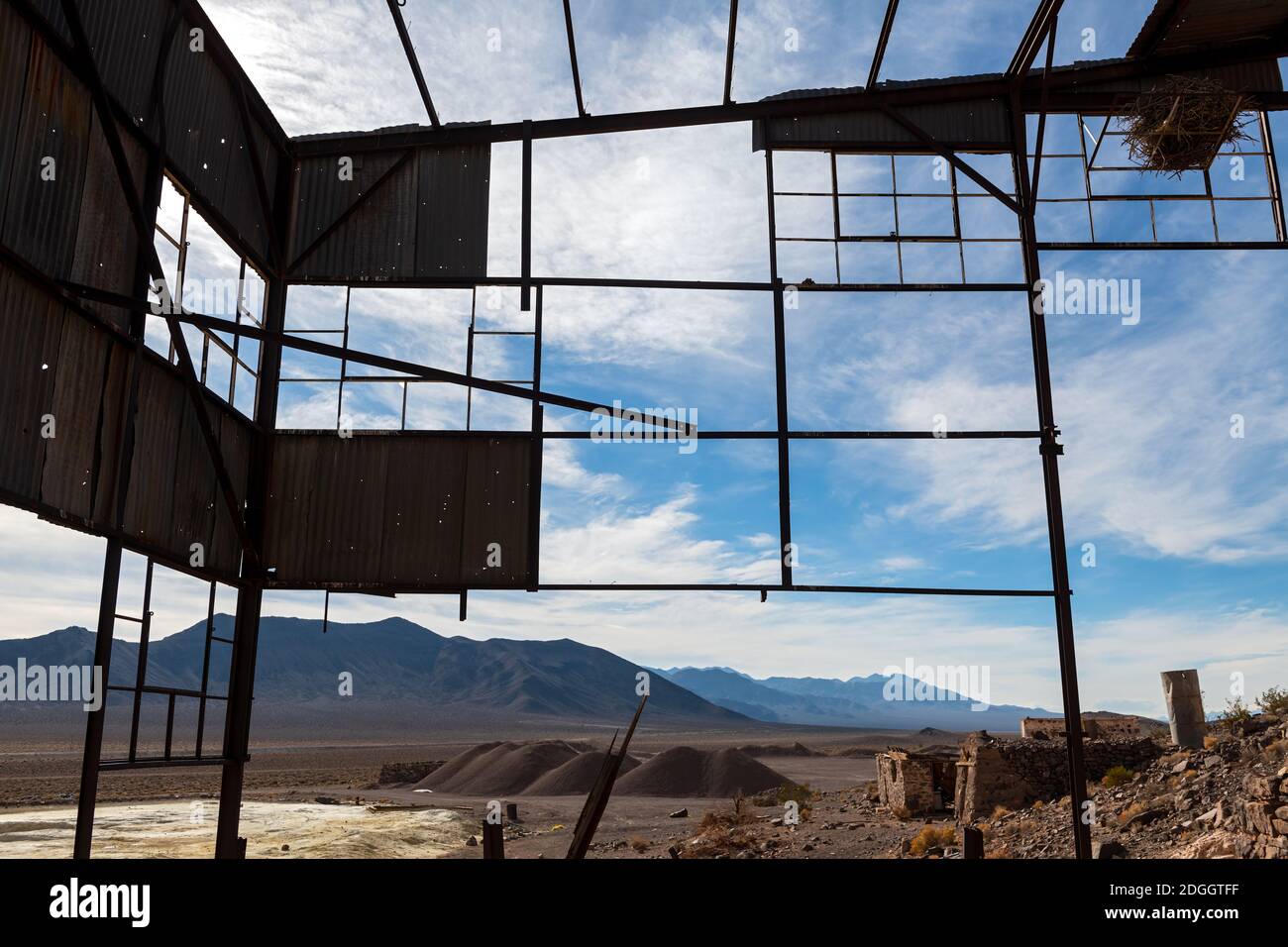 Silhouetted metal scaffolding at an abandoned lead mine near Bonnie ...