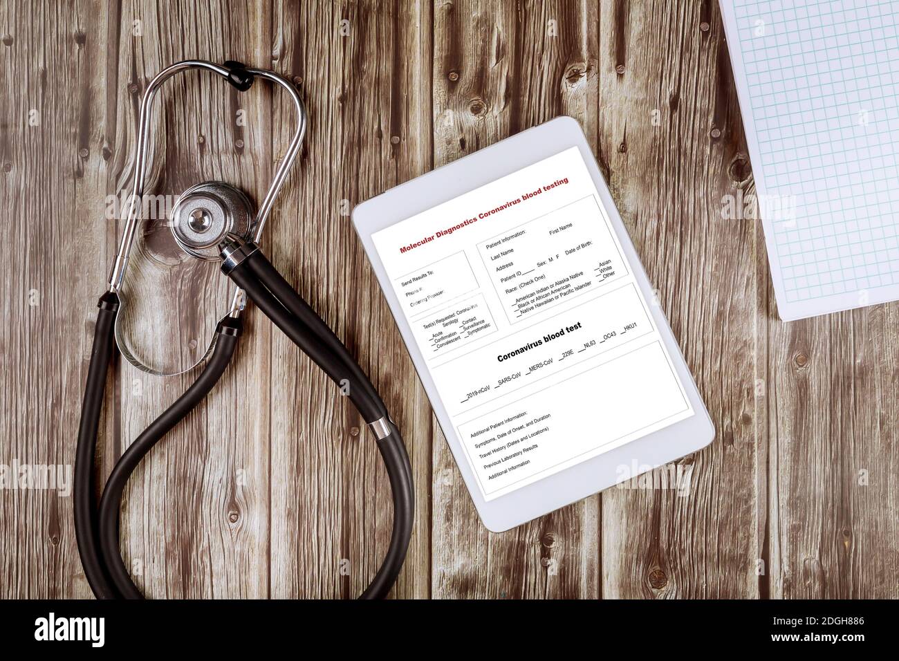 Open blank Coronavirus blood testing notebook with medicine doctor ...