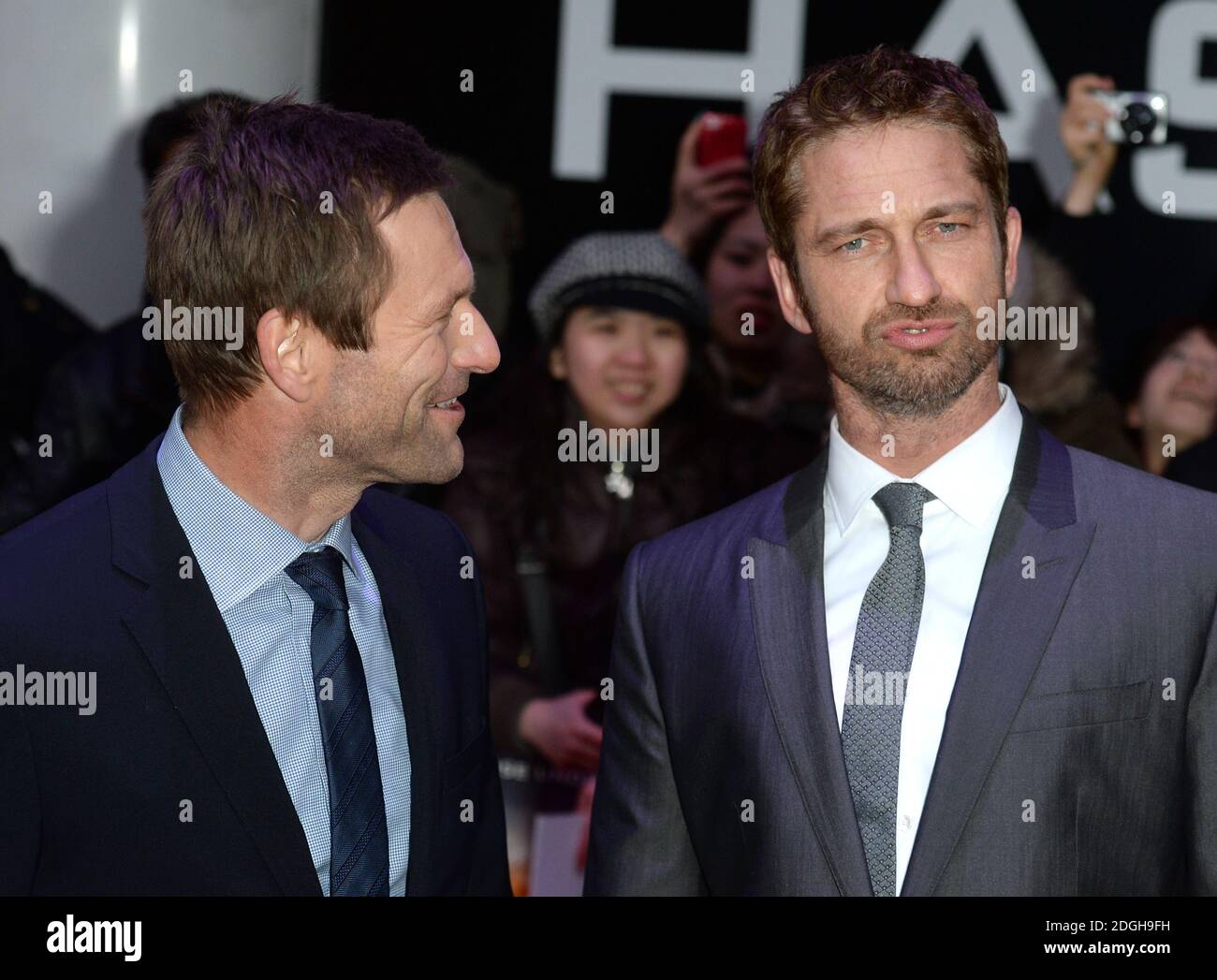 Gerard Butler and Aaron Eckhart arriving at the UK Premiere of Olympus ...