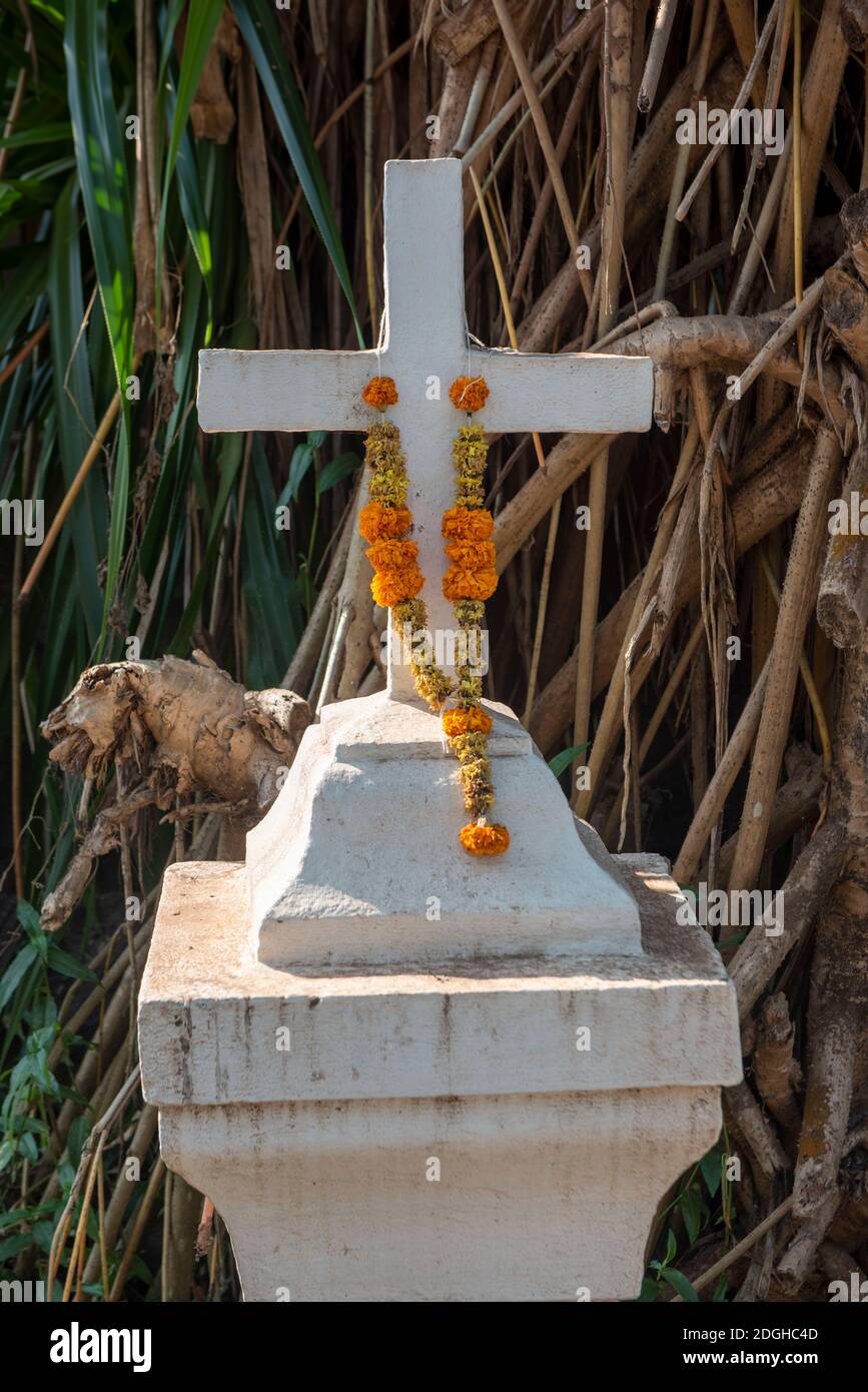 Goa, India- 11 November 2020, Great cross from concrete in a cemetery ...
