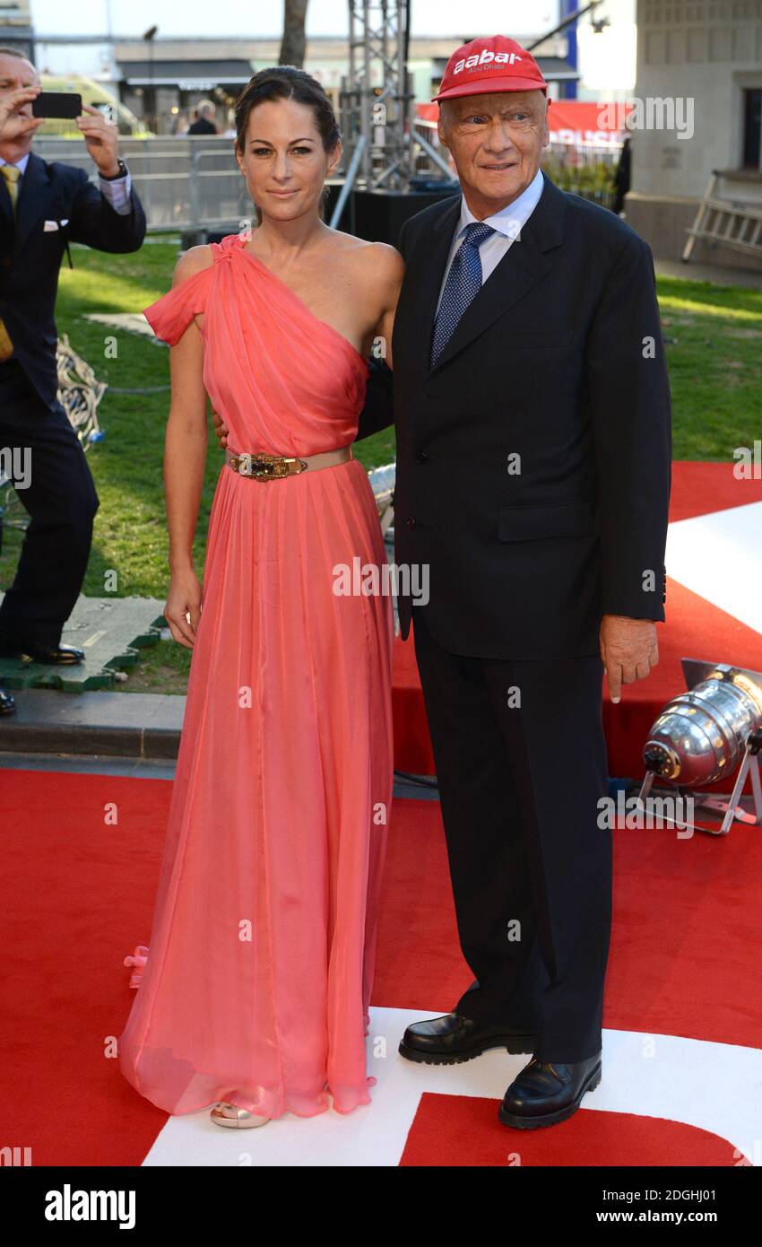 Niki Lauda and wife Birgit Lauda arriving at the World Premiere of Rush ...