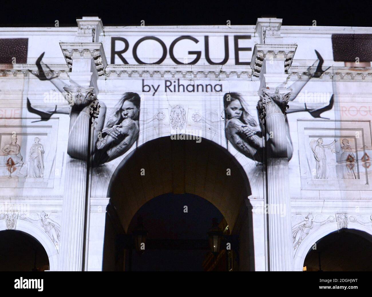 A general view of the Rihanna 'Rogue' perfume projection at Marble Arch ...