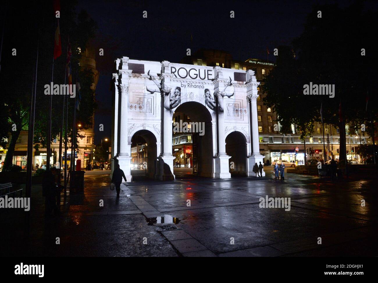 A general view of the Rihanna 'Rogue' perfume projection at Marble Arch ...