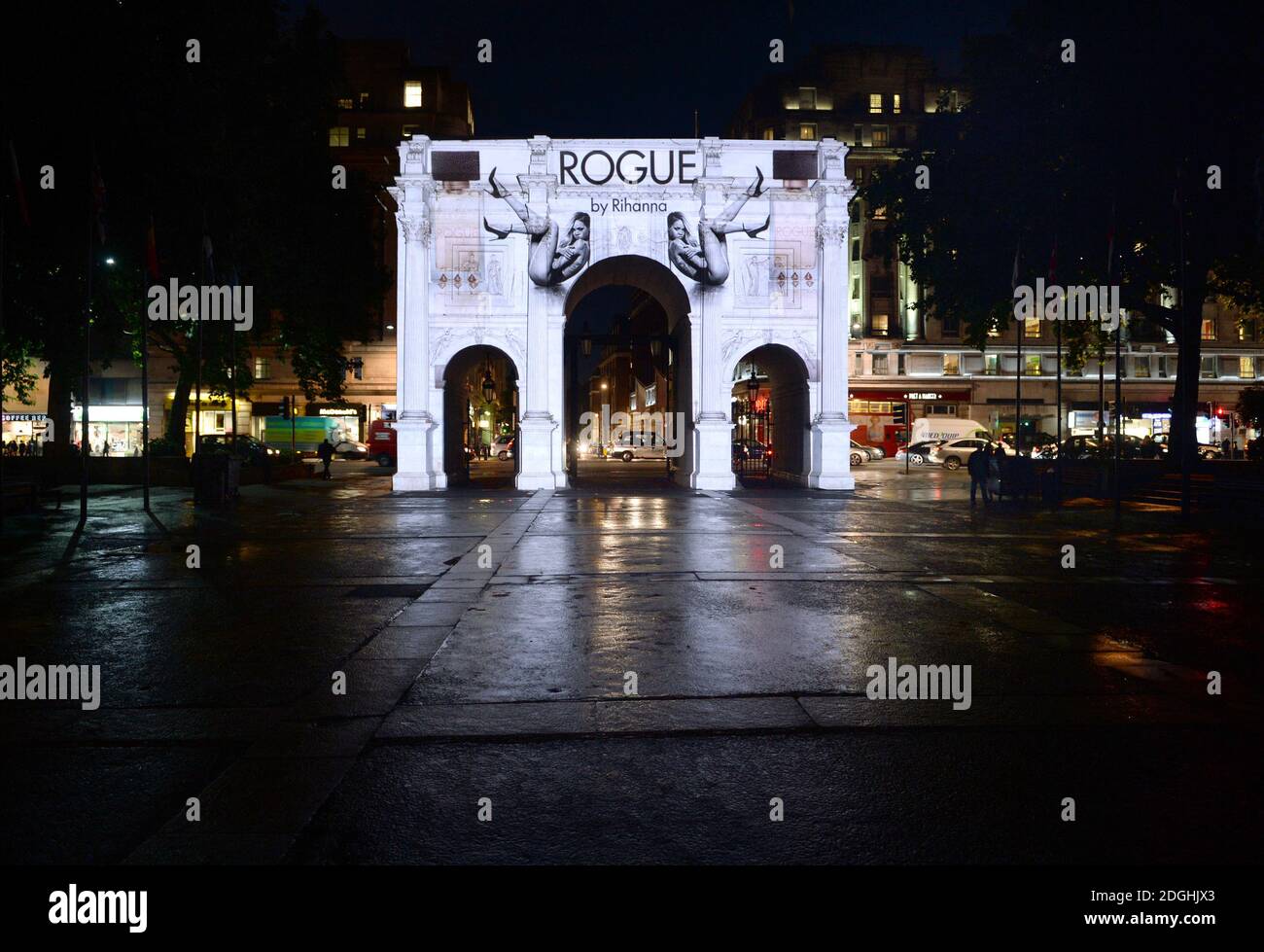 A general view of the Rihanna 'Rogue' perfume projection at Marble Arch ...