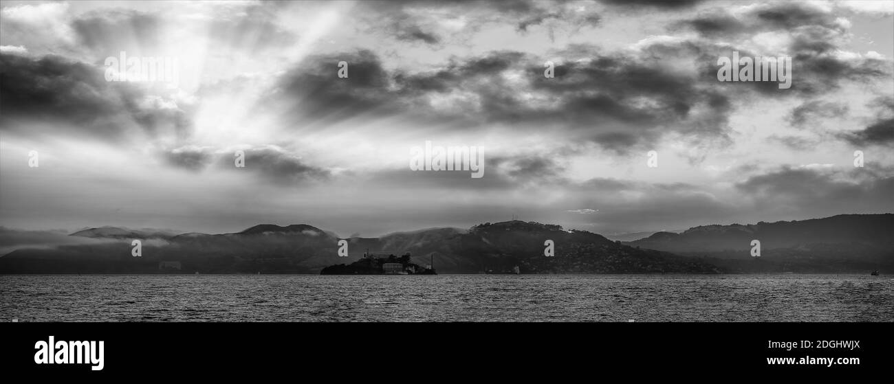 Panoramic view of Alcatraz Island and San Francisco coastline dat ...