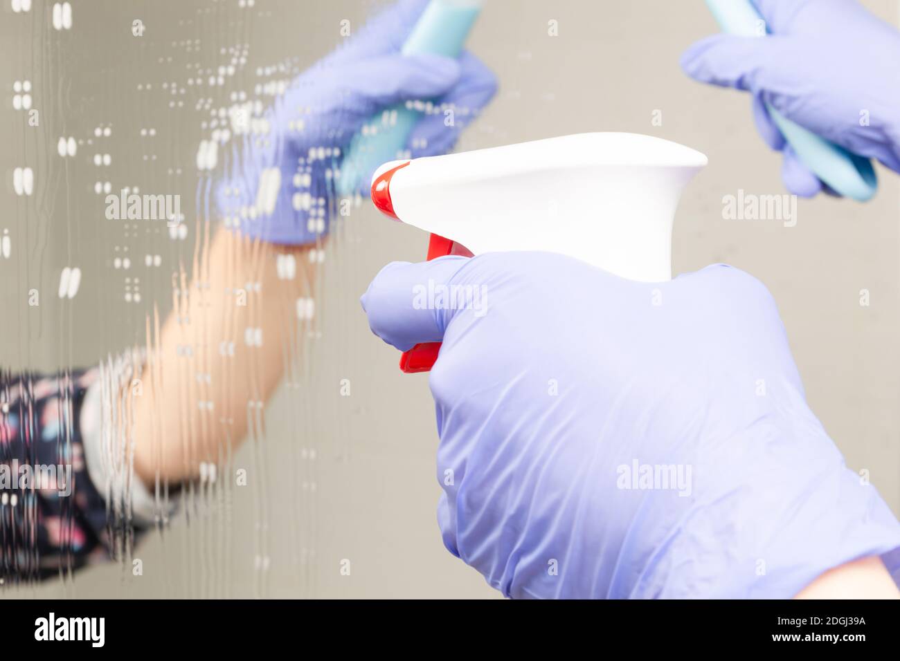 closeup female hands sprinkle cleaning agent on the bathroom mirror and ...