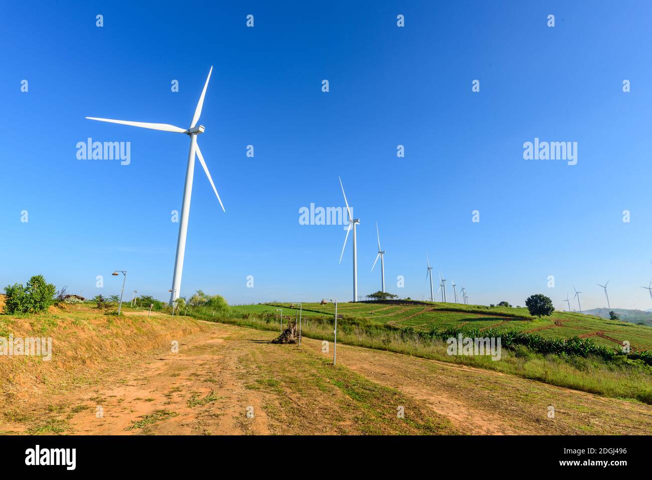 wind turbines park for make the electric power from wind in sunset time ...
