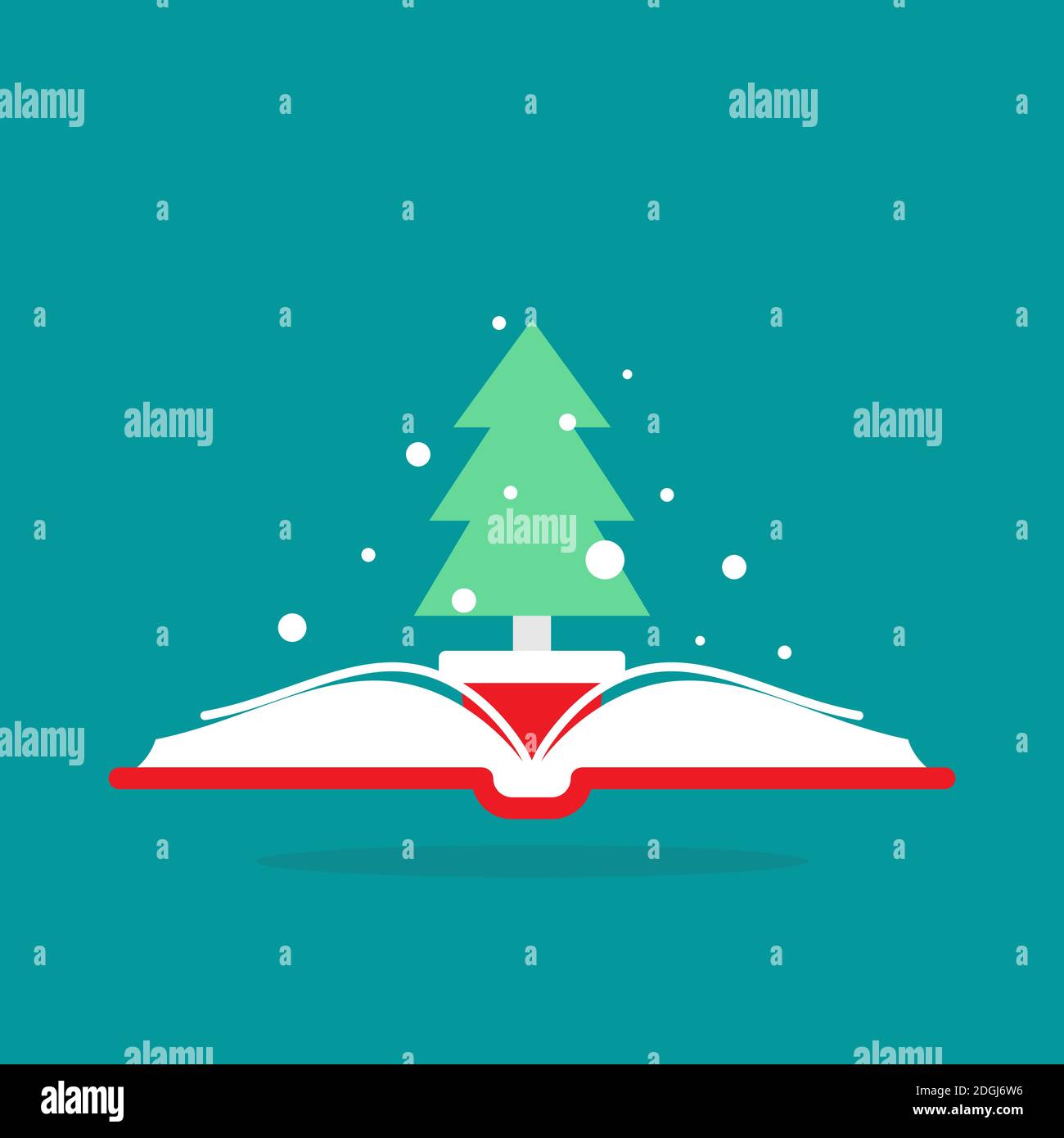 Red open book with Christmas fir tree and snow on blue background ...