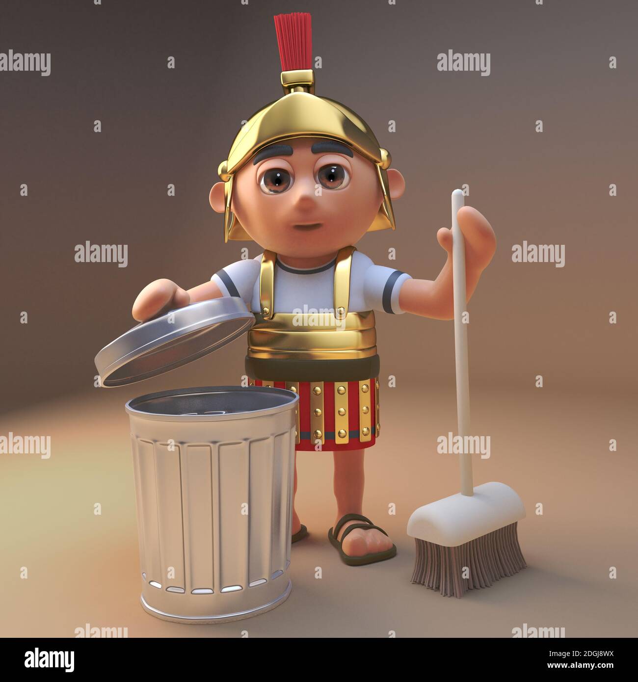 3d Roman centurion soldier in armour with a broom and trash can, 3d ...