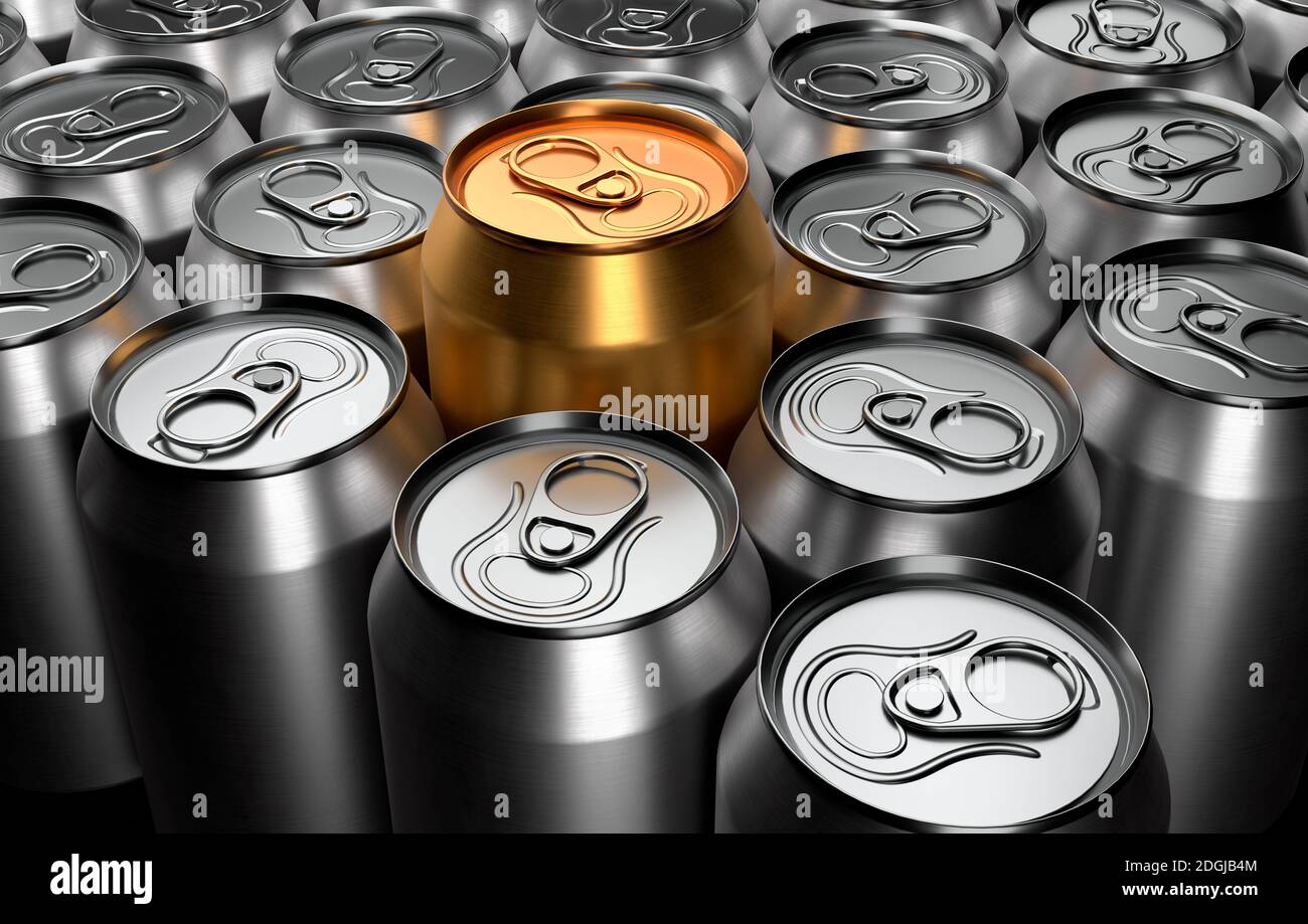 Unique golden can among group of silver recyclable cans cans. View from ...