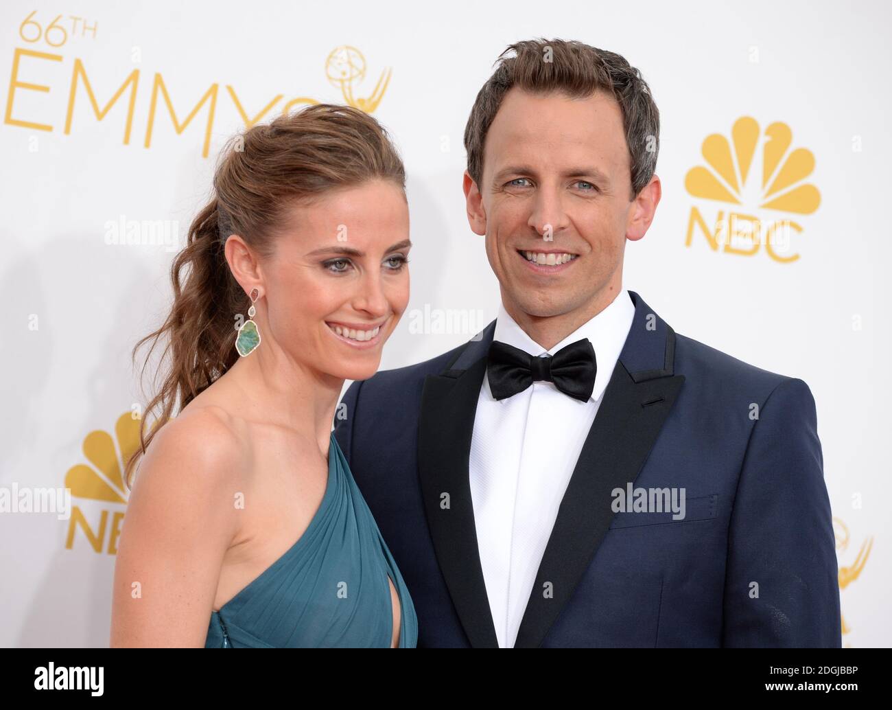 Seth Meyers and his wife Alexi Ashe arriving at the EMMY Awards 2014 ...